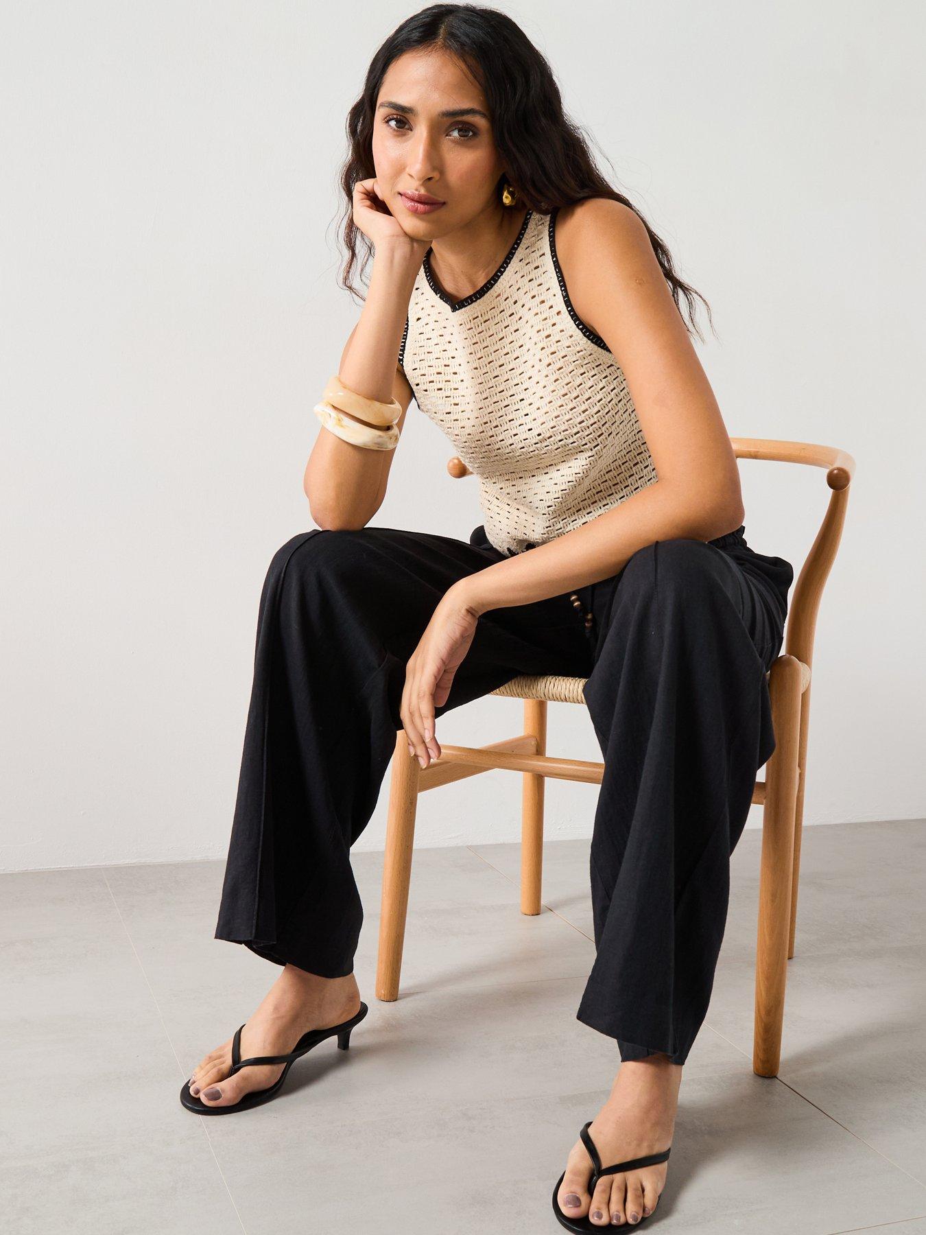 Mango Linen Blend Elastic Waist Trousers - Black | Very