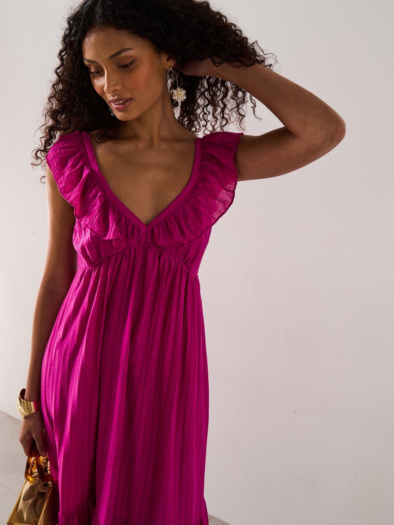 Mango Long Dress With Ruffle Neckline - Pink | Very