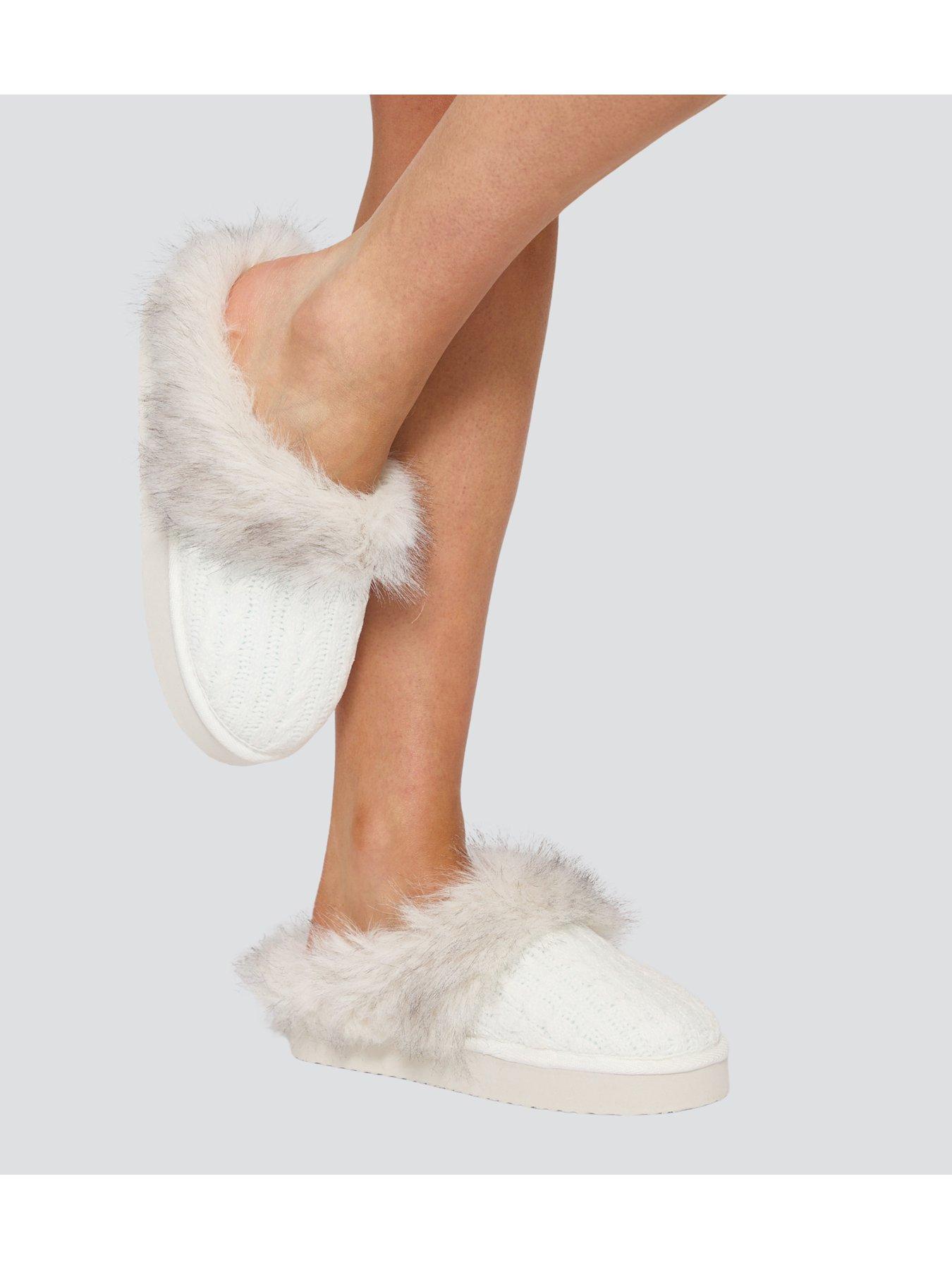 Loungeable Cable Knit Chunky Mule Slippers With Faux Fur Trim - White ...