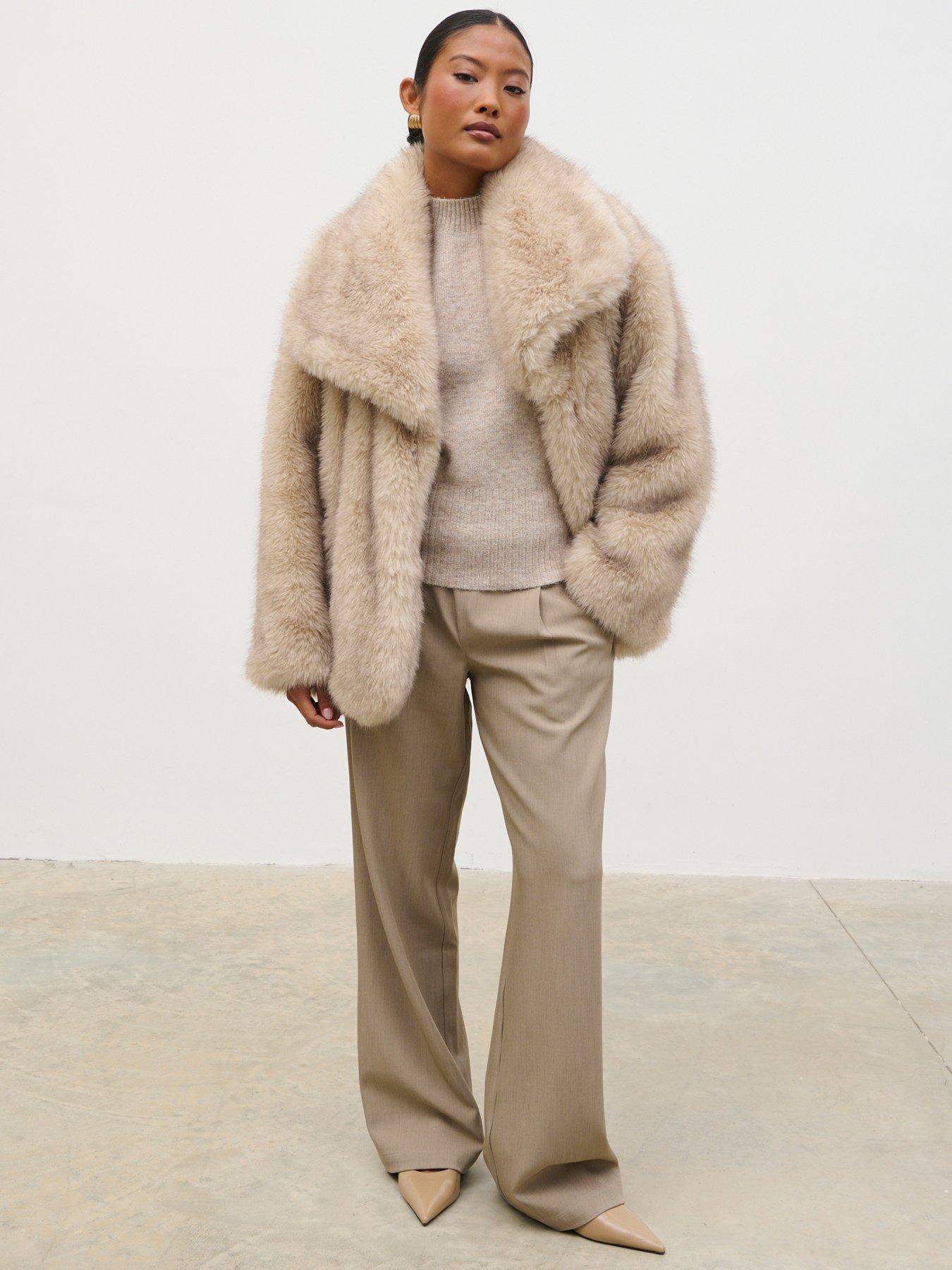 Pretty Lavish Agatha Exaggerated Collar Faux Fur Coat - Beige | Very