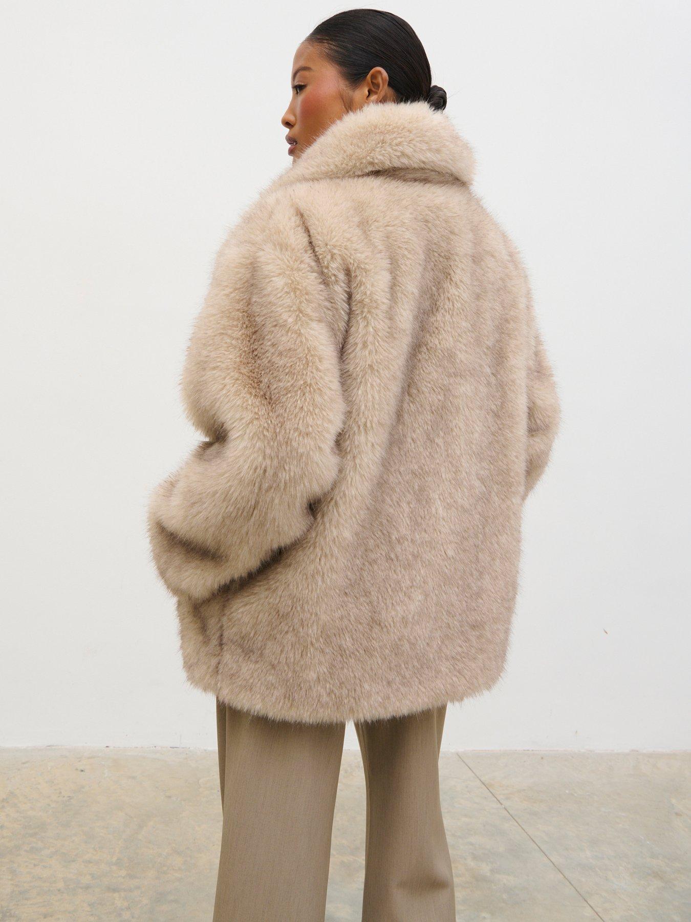 Pretty Lavish Agatha Exaggerated Collar Faux Fur Coat - Beige | Very