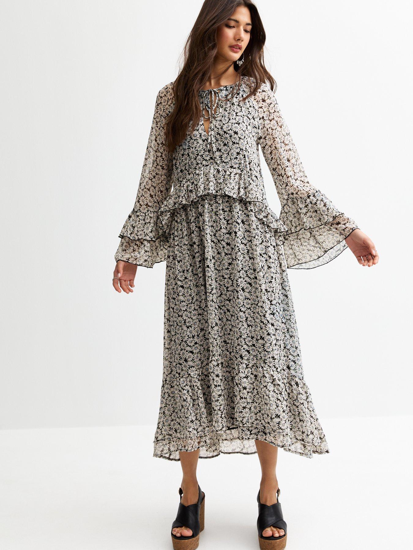 New Look Daisy Print Frilly Trim Chiffon Midi Dress - Cream | Very