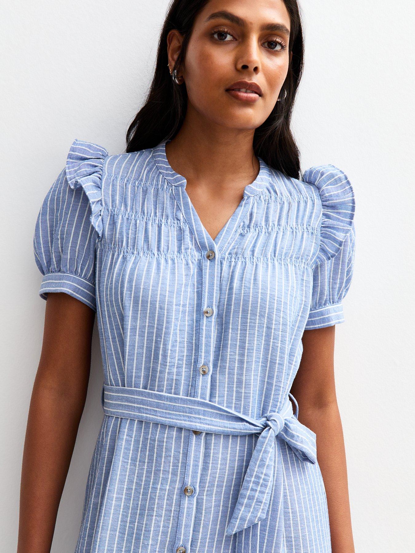 New Look Blue Striped Shirred Shoulder Midi Dress | Very