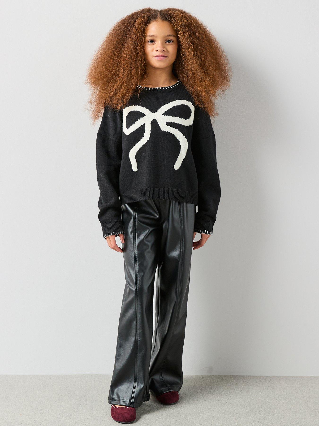 The Very Collection Girls Bow Knit Outfit With Pu Pants - Black | Very