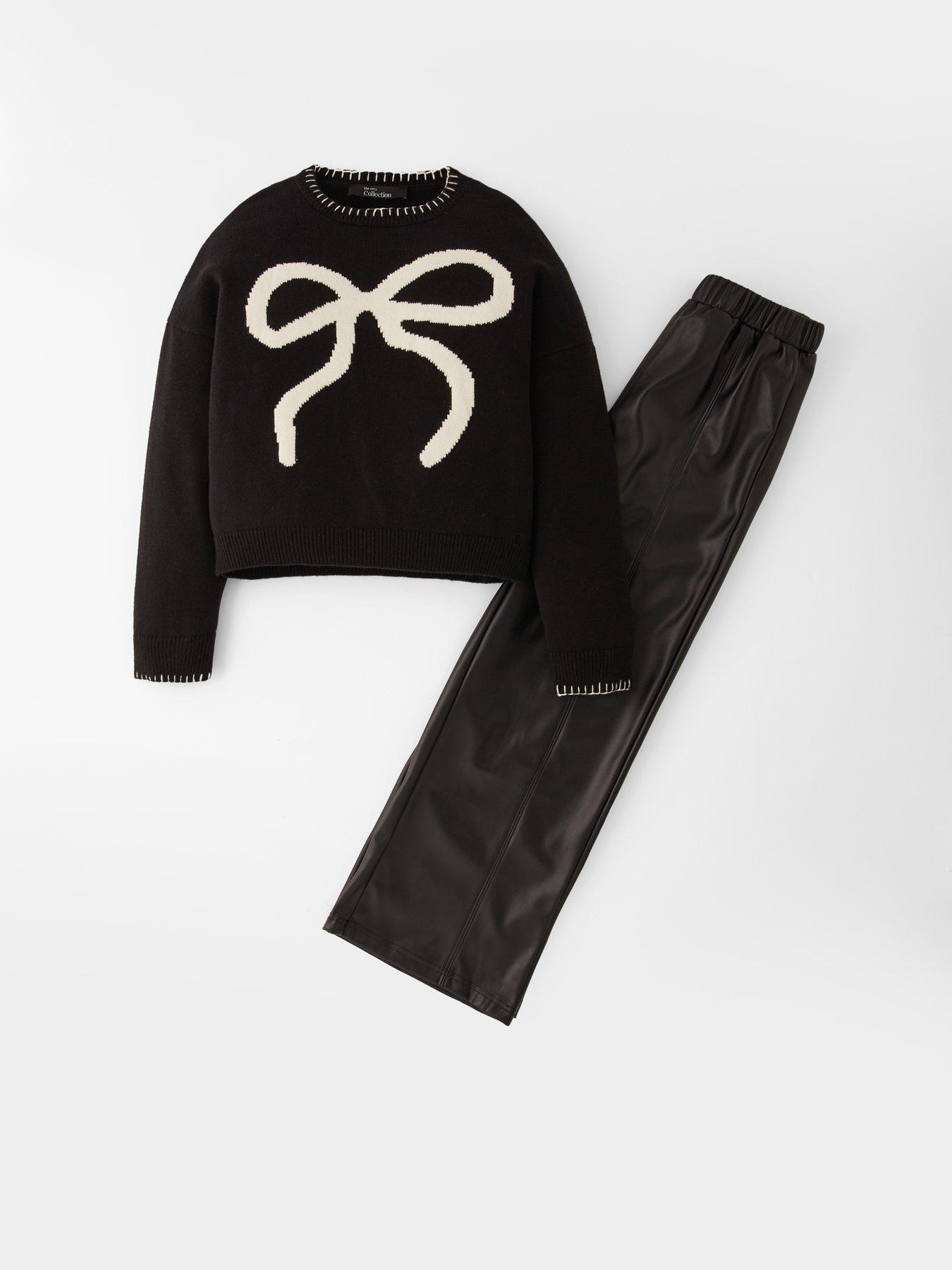 The Very Collection Girls Bow Knit Outfit With Pu Pants - Black | Very
