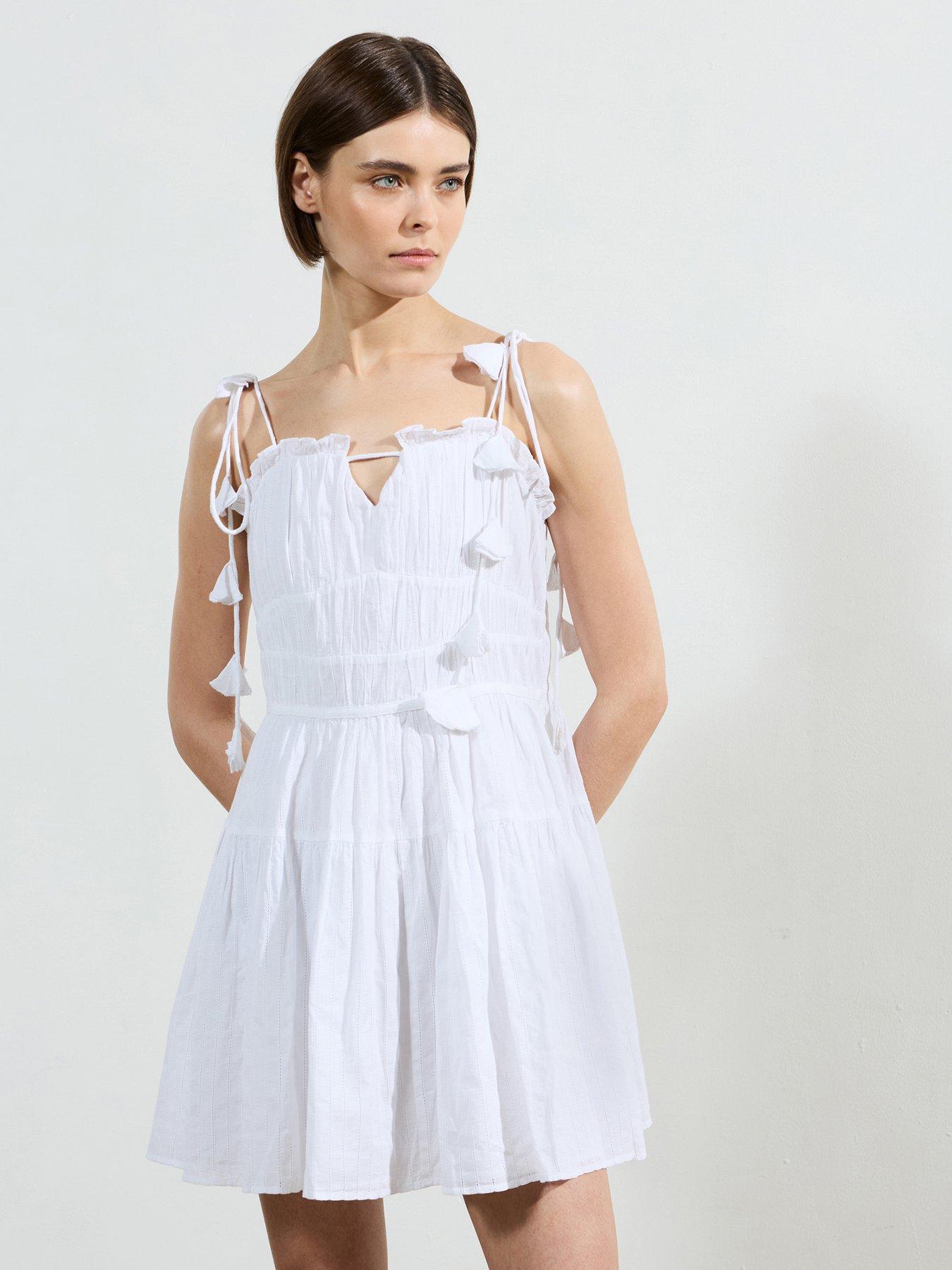 French Connection Cotton Shirred Gathered A-Line Mini Dress - White | Very