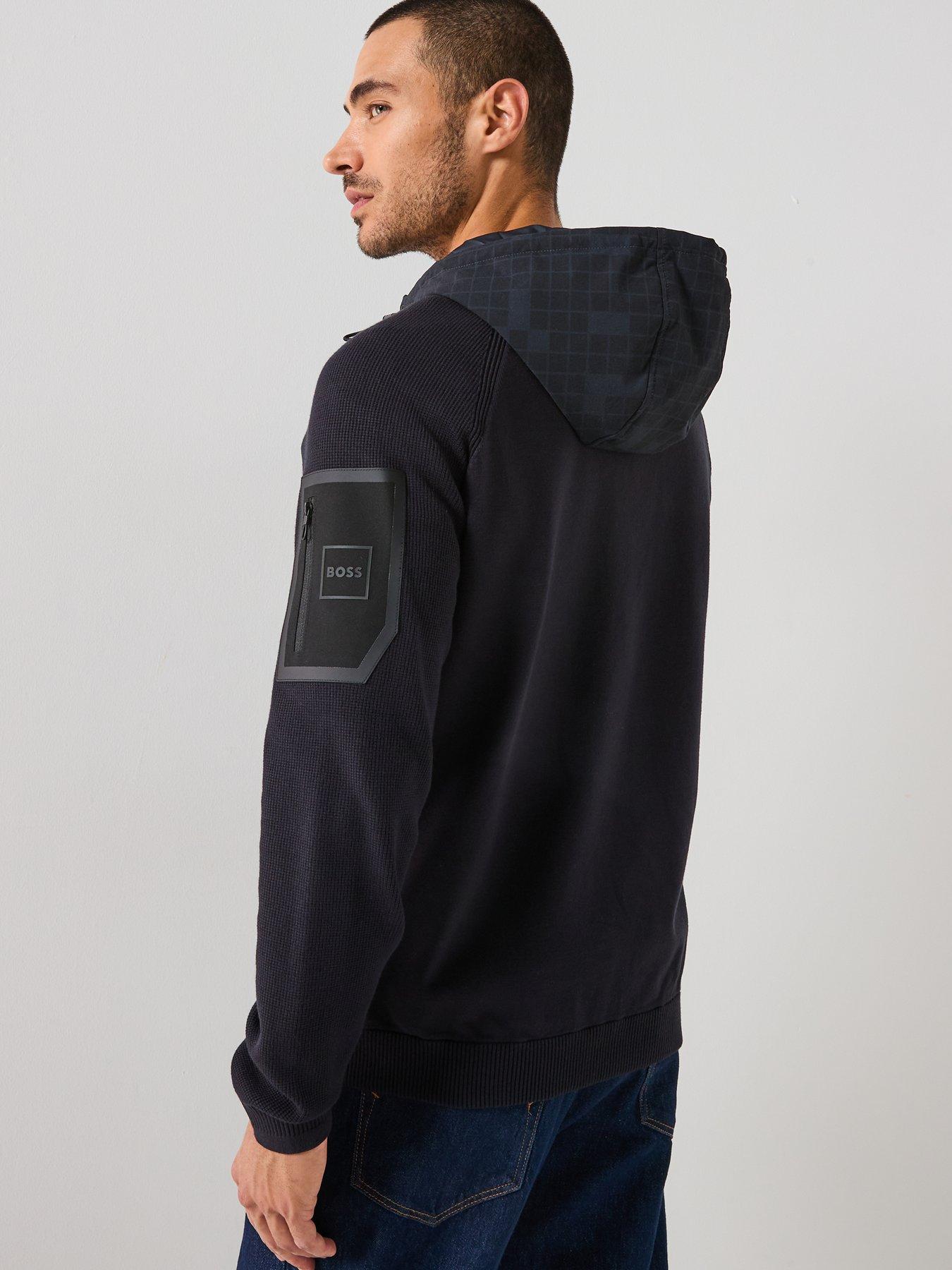 BOSS Clash Hybrid Regular Fit Hooded Knitted Jacket - Navy | Very