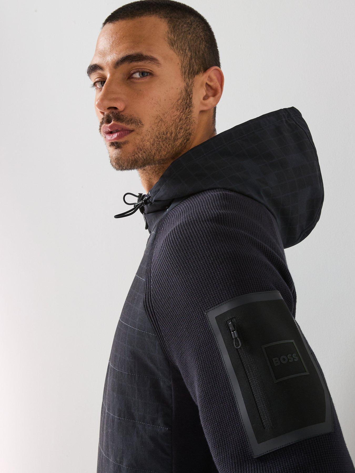 BOSS Clash Hybrid Regular Fit Hooded Knitted Jacket - Navy | Very