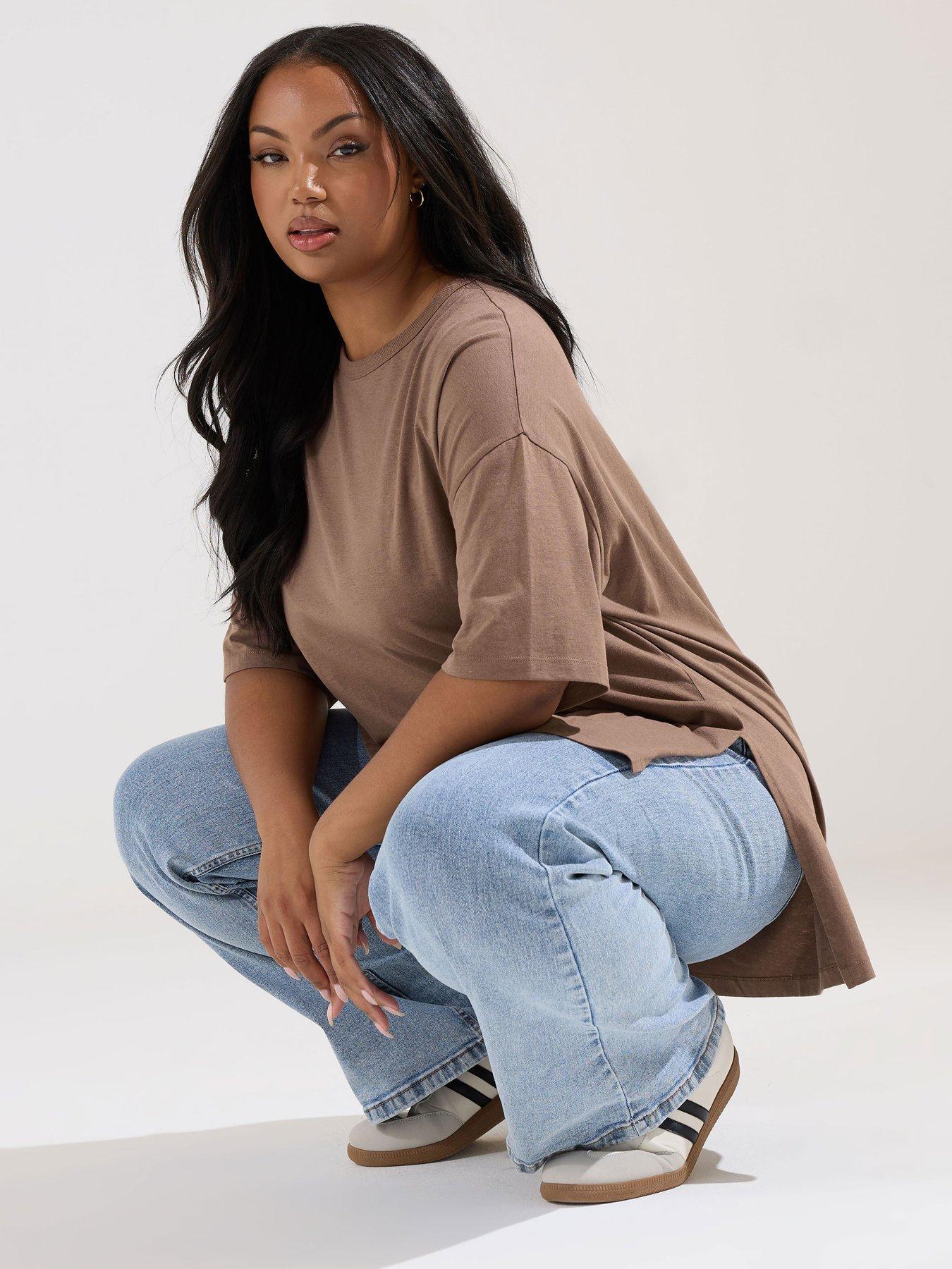 Yours Curve Oversized Side Split T-Shirt - Brown | Very
