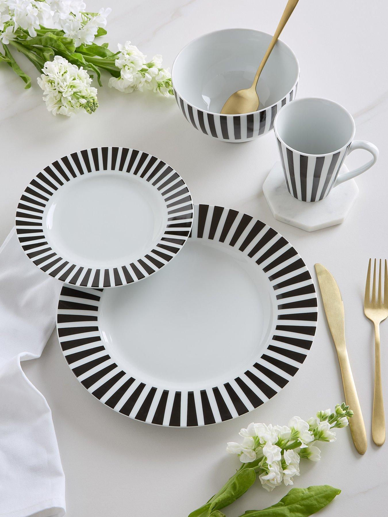 WATERSIDE 24-Piece Split Stripe Dinner Service Set in Black | Very