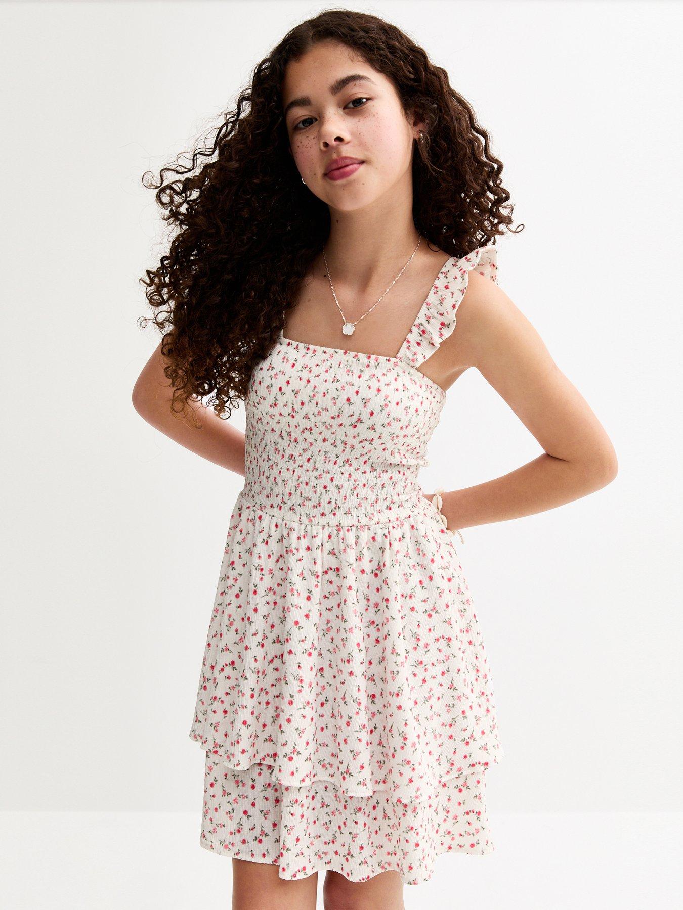 New Look 915 Girls Textured Floral Print Dress - White | Very