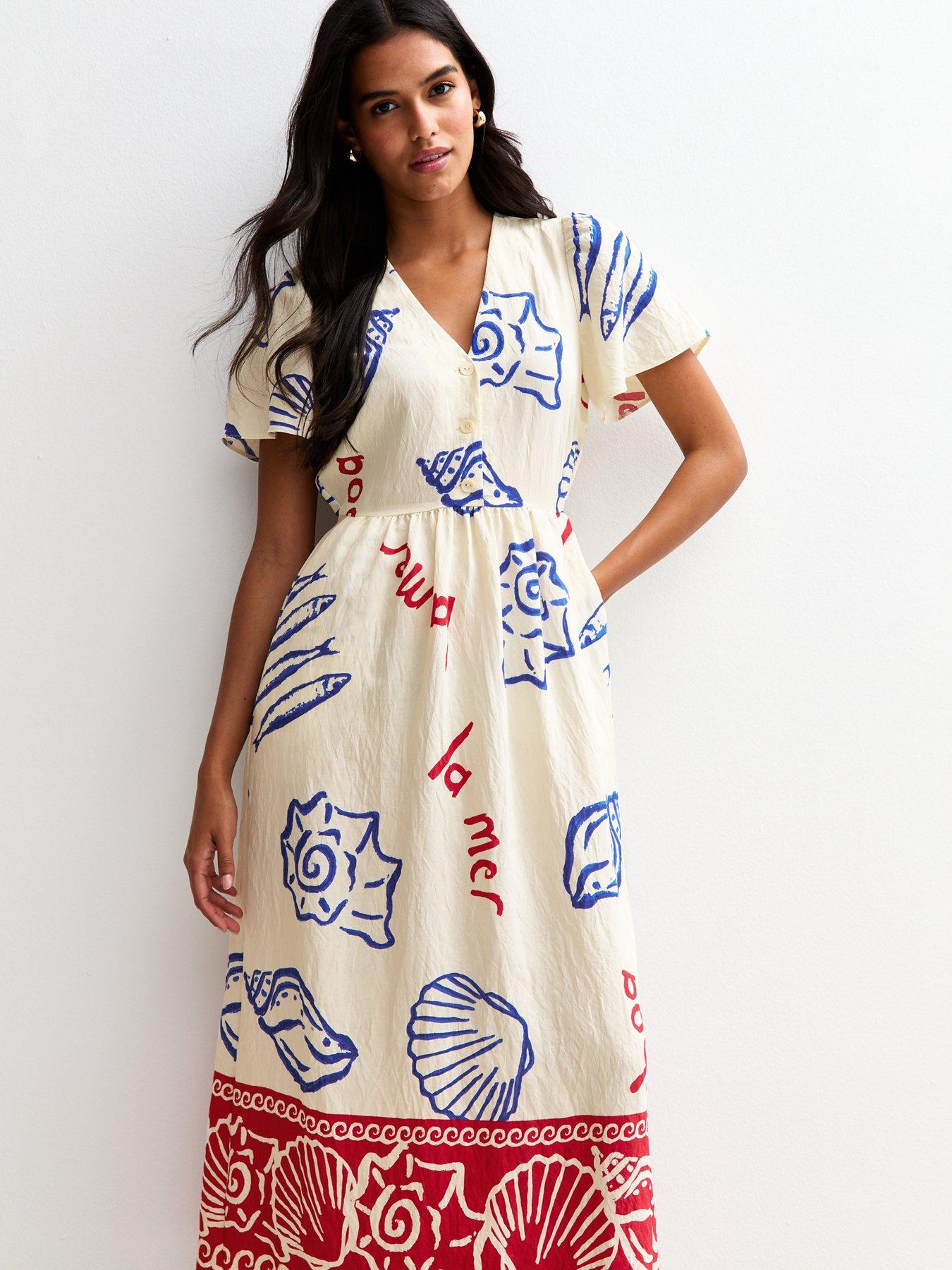 New Look Off White Shell Print Flutter Sleeve Button Midi Dress - Cream | Very