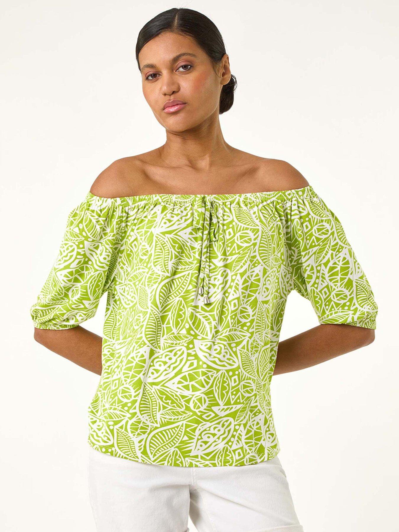 Roman Floral Print Bardot Stretch Top - Green | Very