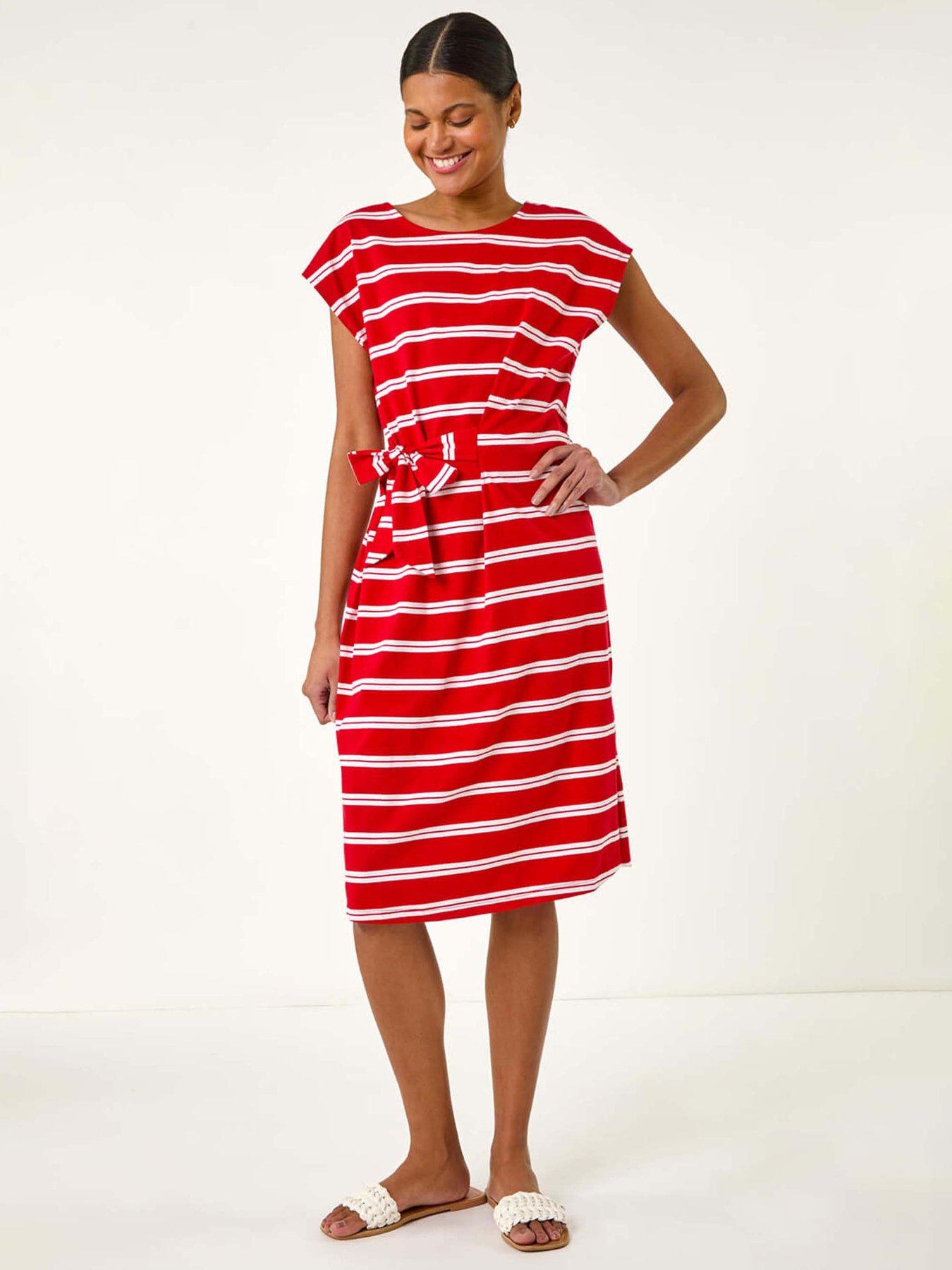 Roman Stripe Tie Side Stretch Midi Dress - Red | Very