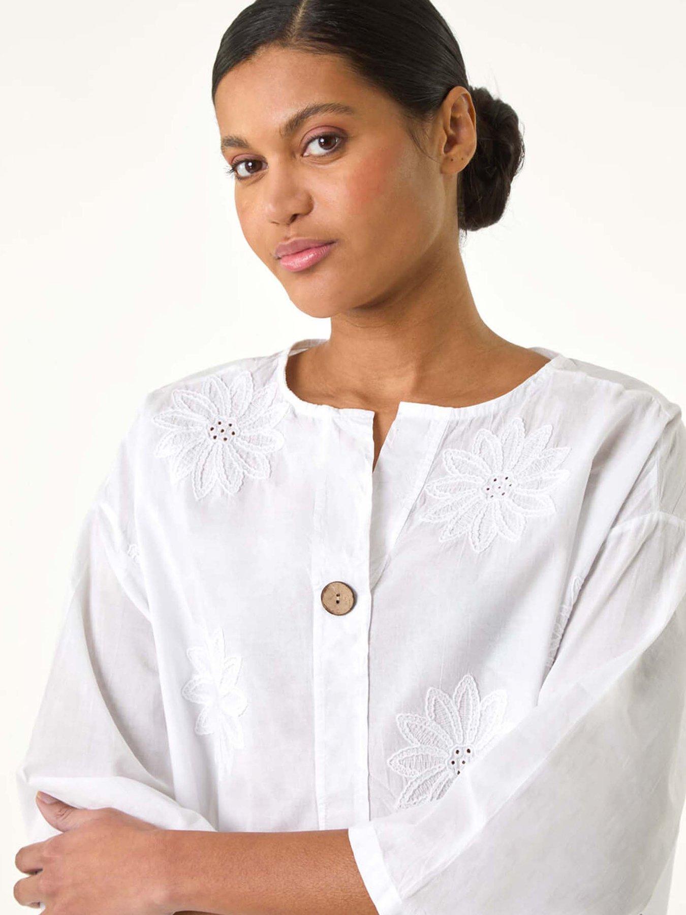 Roman Cotton Floral Embroidered Tunic Top - White | Very