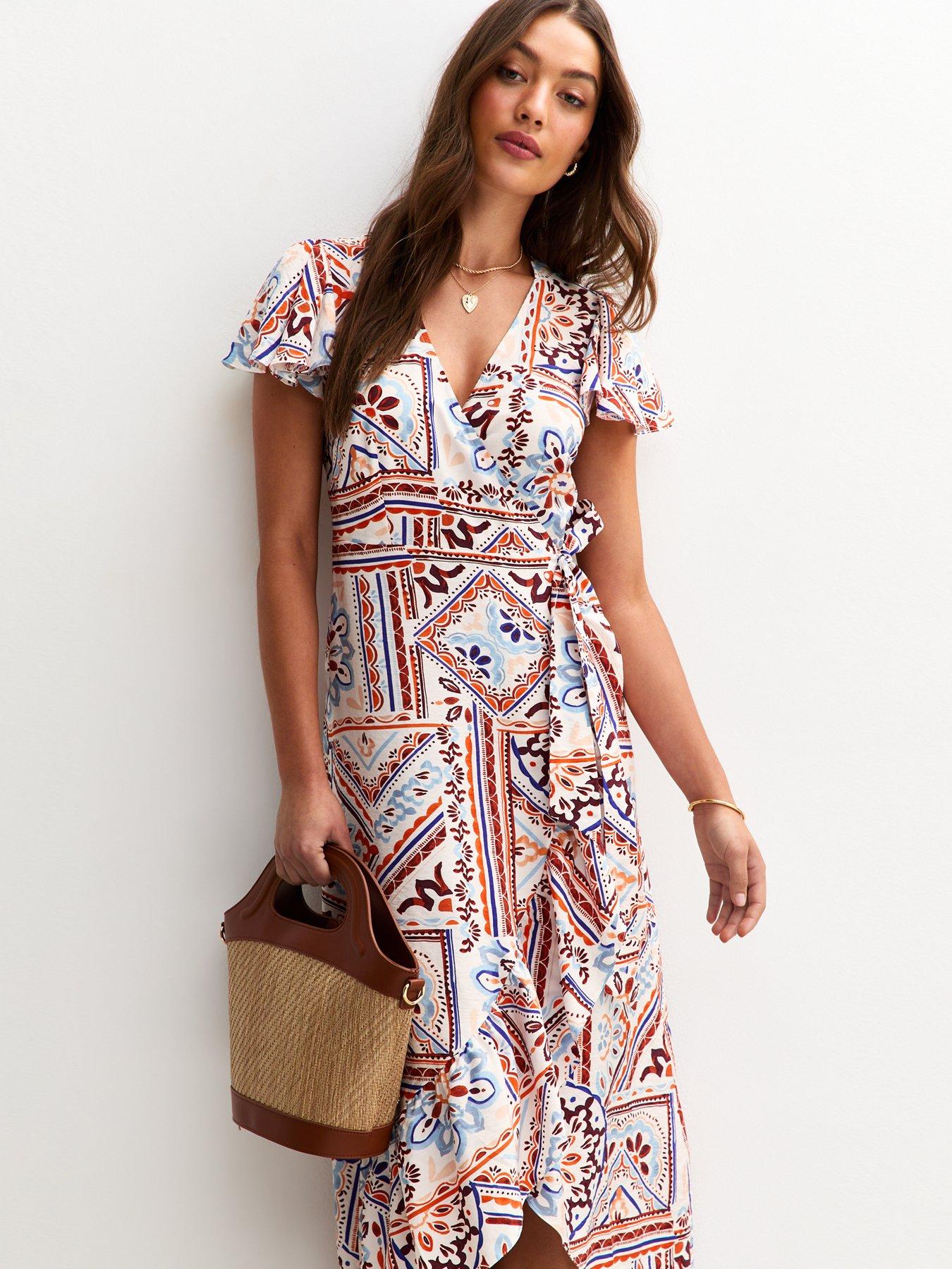New Look White Tile Print Wrap Midi Dress | Very