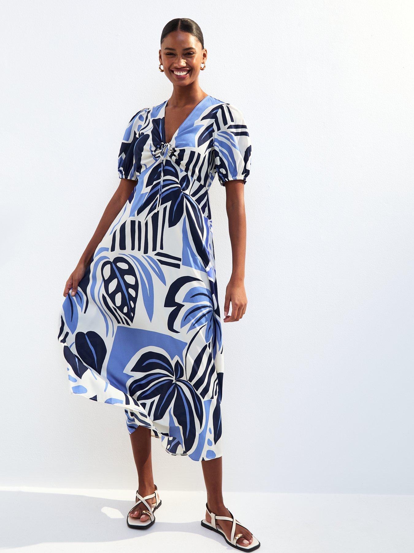 New Look Blue Palm Tree Print Midi Dress | Very