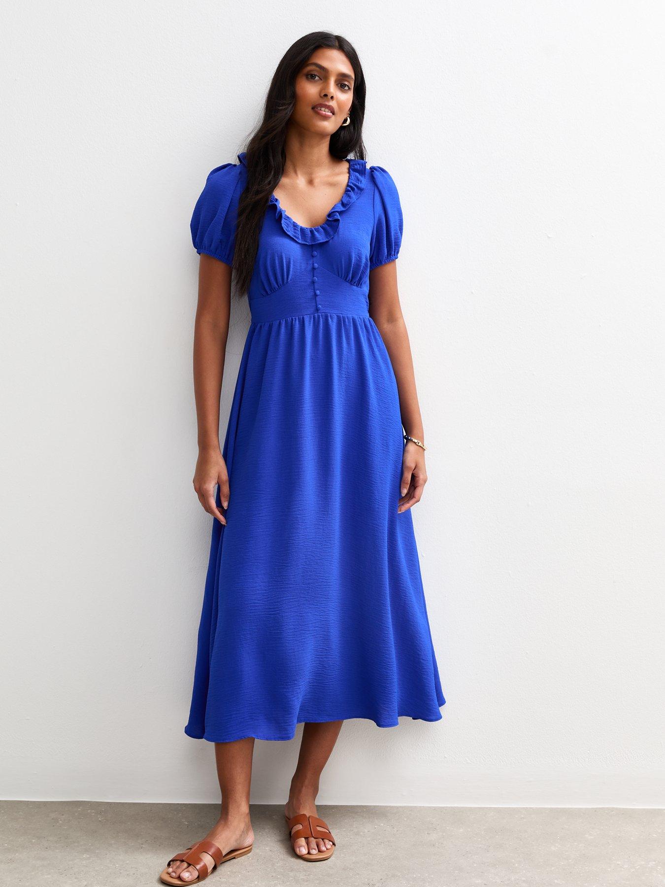 New Look Bright Blue Ruffle Trim V-neck Midi Dress | Very