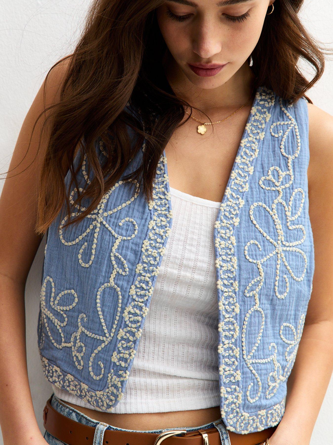 New Look Embroidered Cropped Waistcoat - Blue | Very
