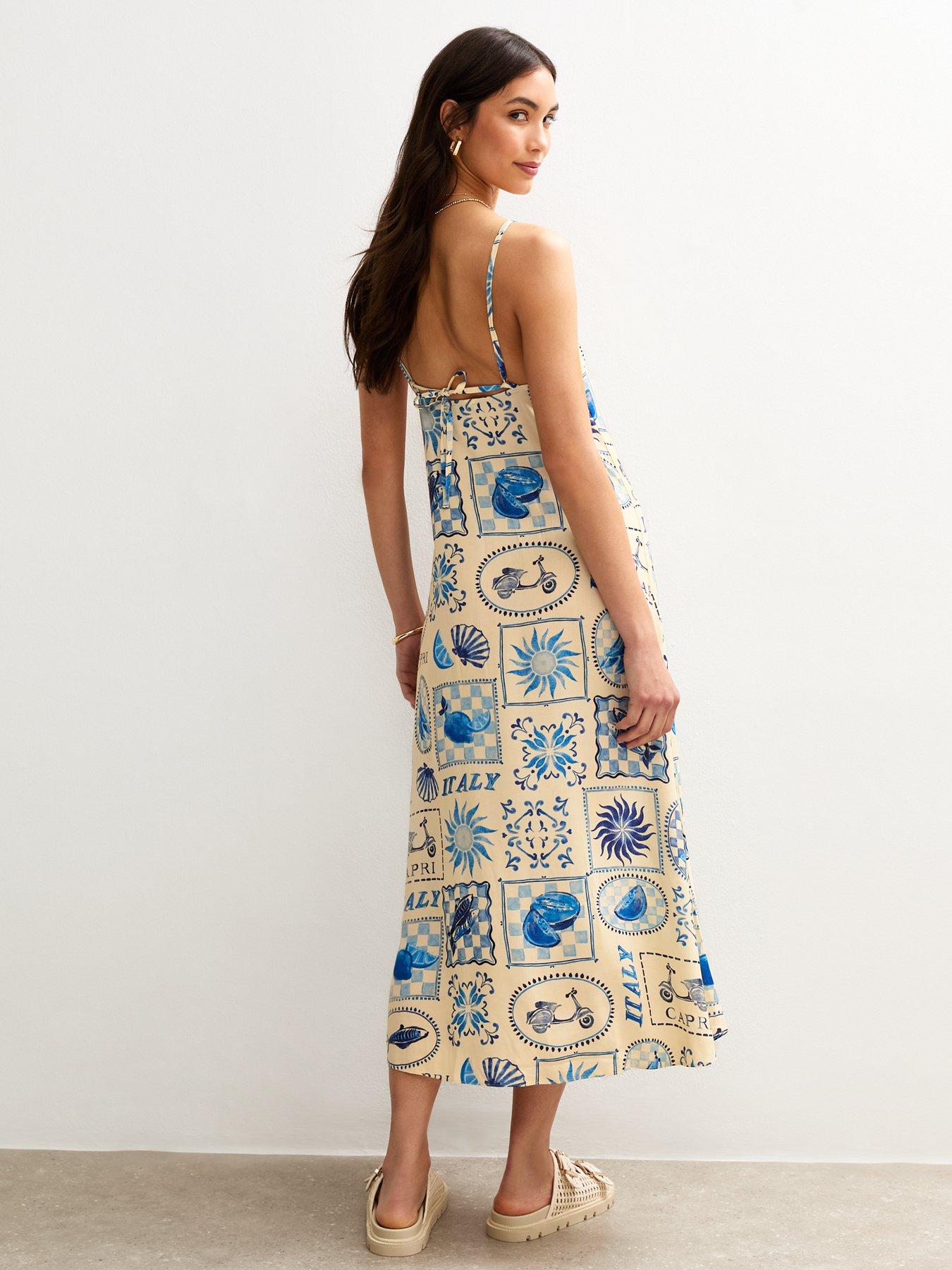 New Look Blue Tile Print Square Neck Midi Dress | Very