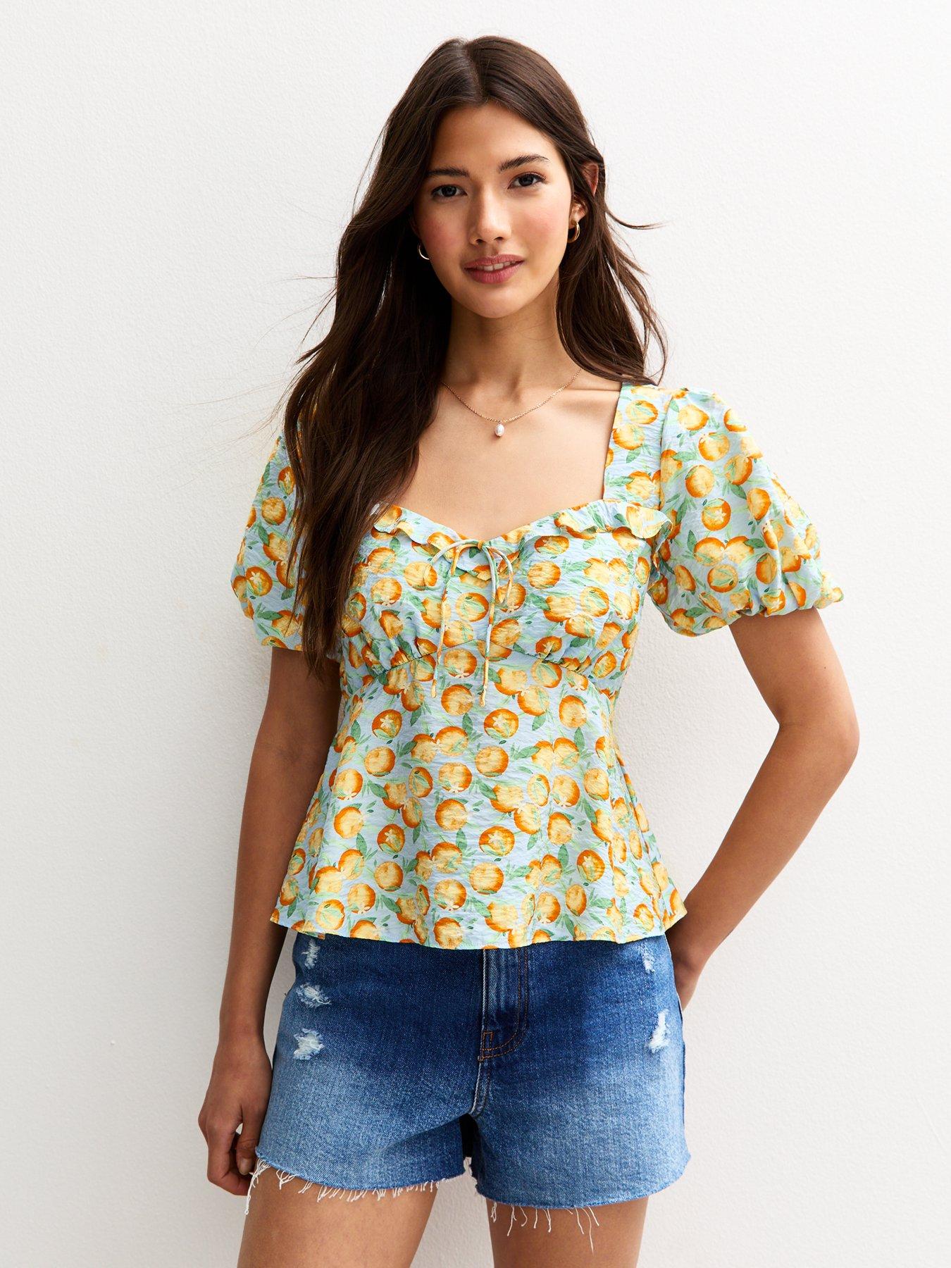 New Look Blue Crinkle Texture Orange Print Tea Blouse | Very