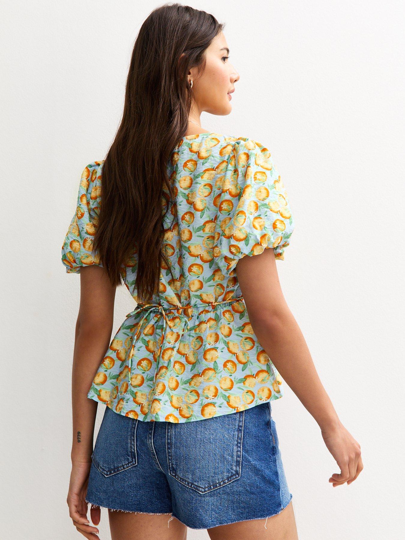 New Look Blue Crinkle Texture Orange Print Tea Blouse | Very
