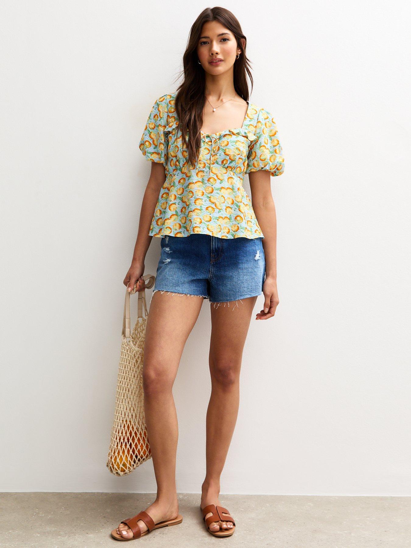 New Look Blue Crinkle Texture Orange Print Tea Blouse | Very