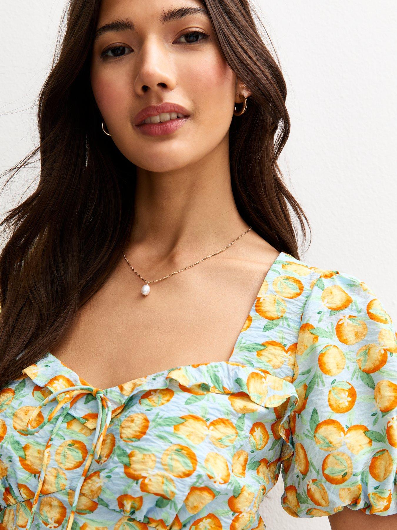 New Look Blue Crinkle Texture Orange Print Tea Blouse | Very