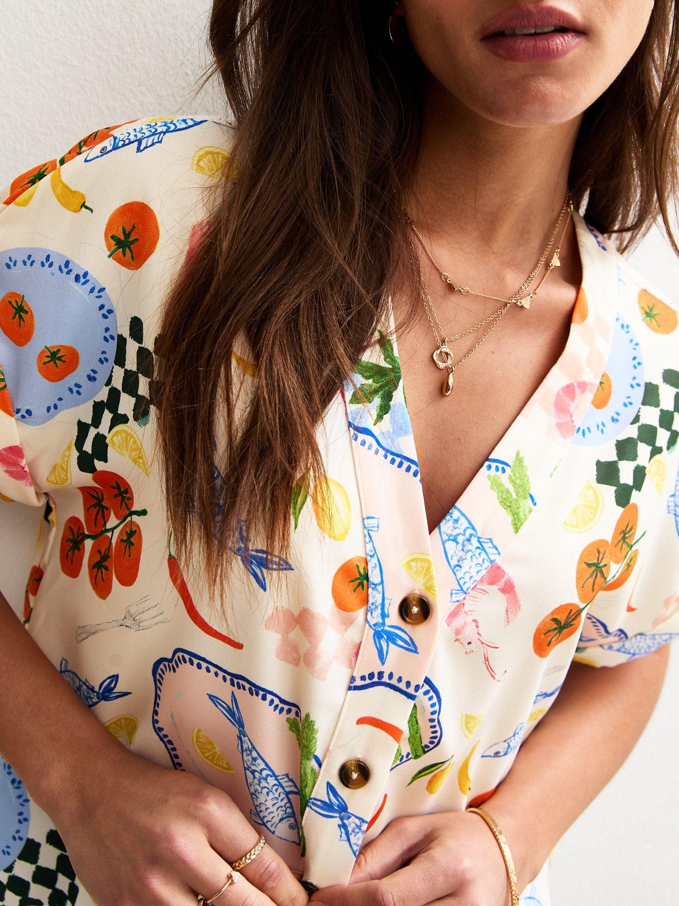 New Look Fish Picnic Print Button Front Top - White | Very