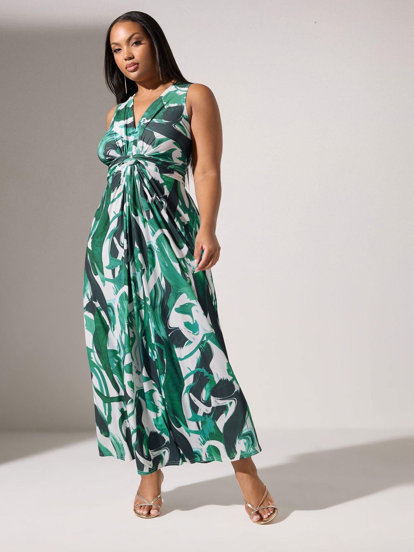 Yours Curve Knot Front Maxi Dress - Green | Very