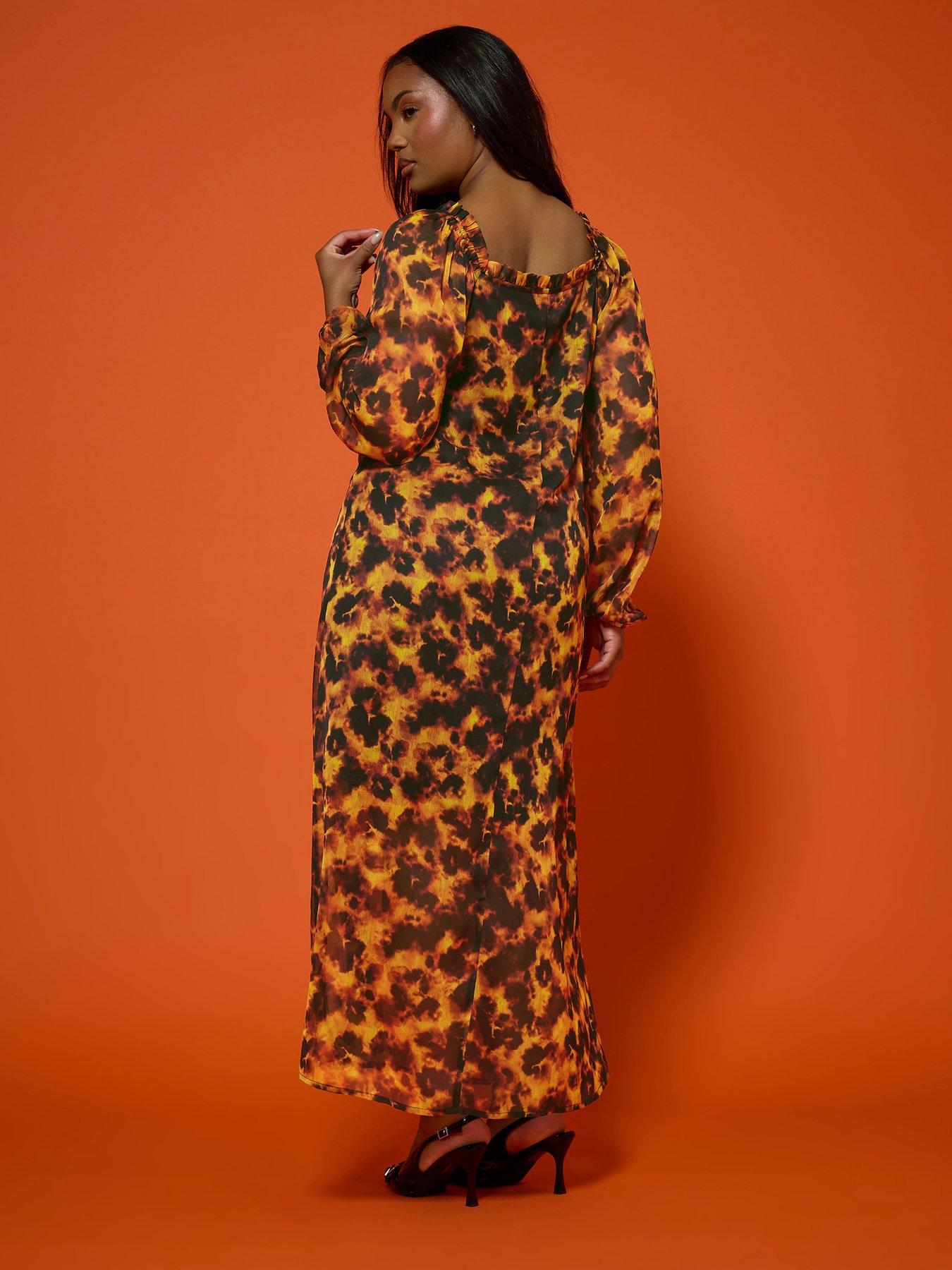 Yours Curve Tortoise Ruffle Dress - Orange | Very