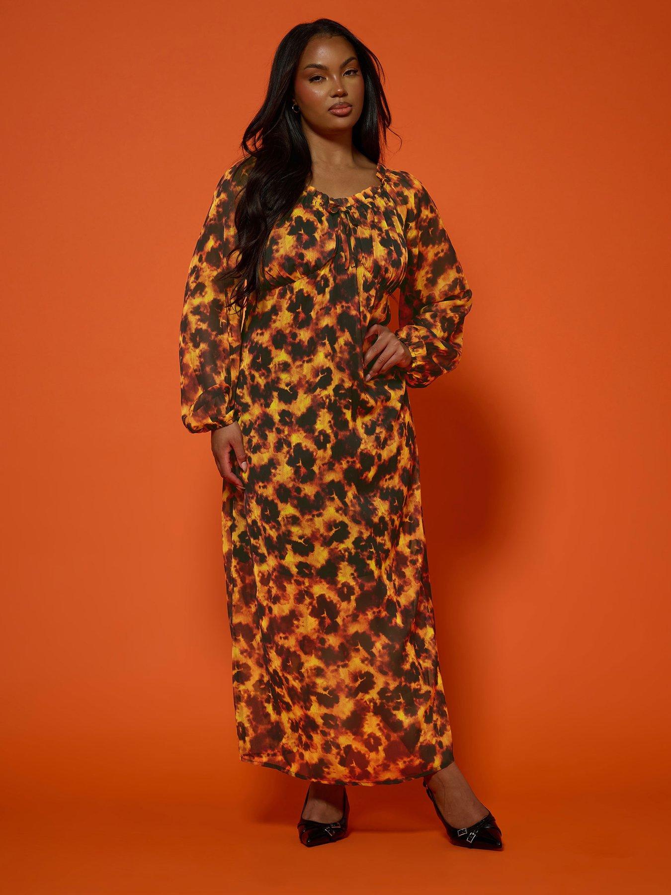 Yours Curve Tortoise Ruffle Dress - Orange | Very