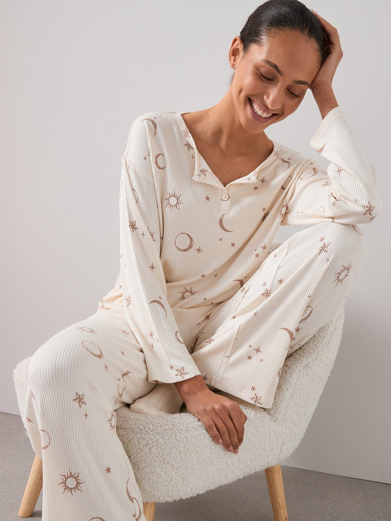 The Very Collection Soft Touch Rib Henley Star And Moon Wide Leg Pyjama ...