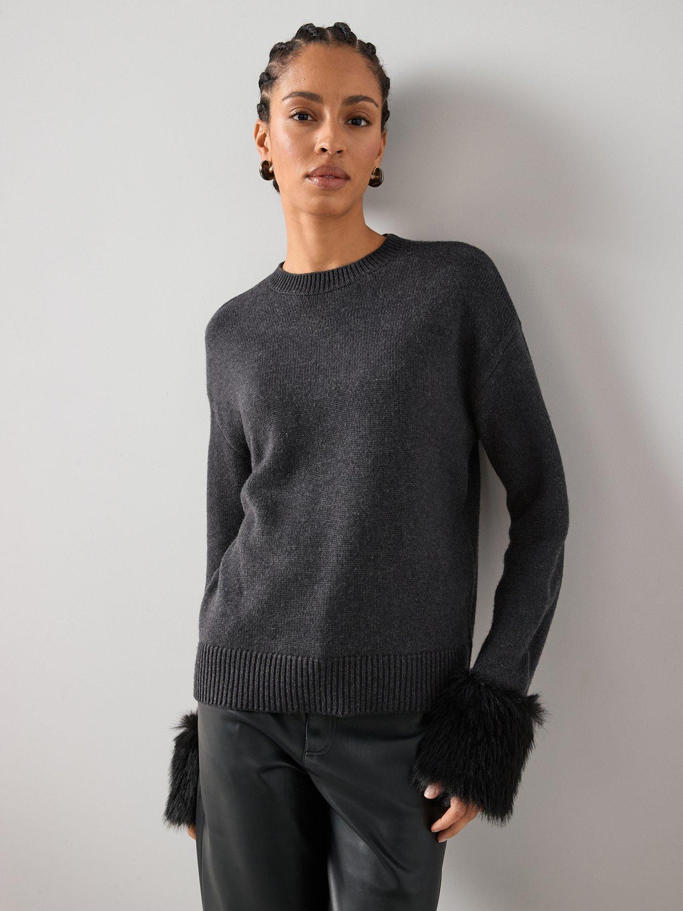 The Very Collection Crew Neck Detachable Fur Cuff Jumper With Wool ...