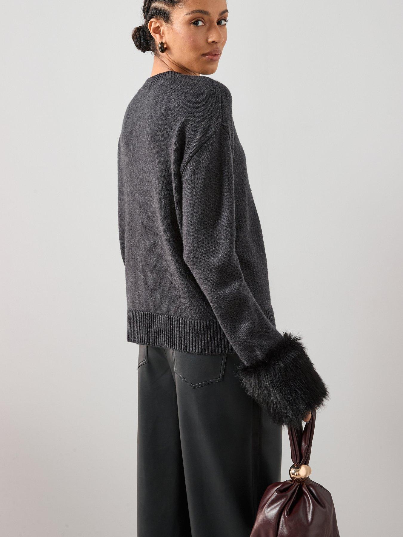 The Very Collection Crew Neck Detachable Fur Cuff Jumper With Wool ...