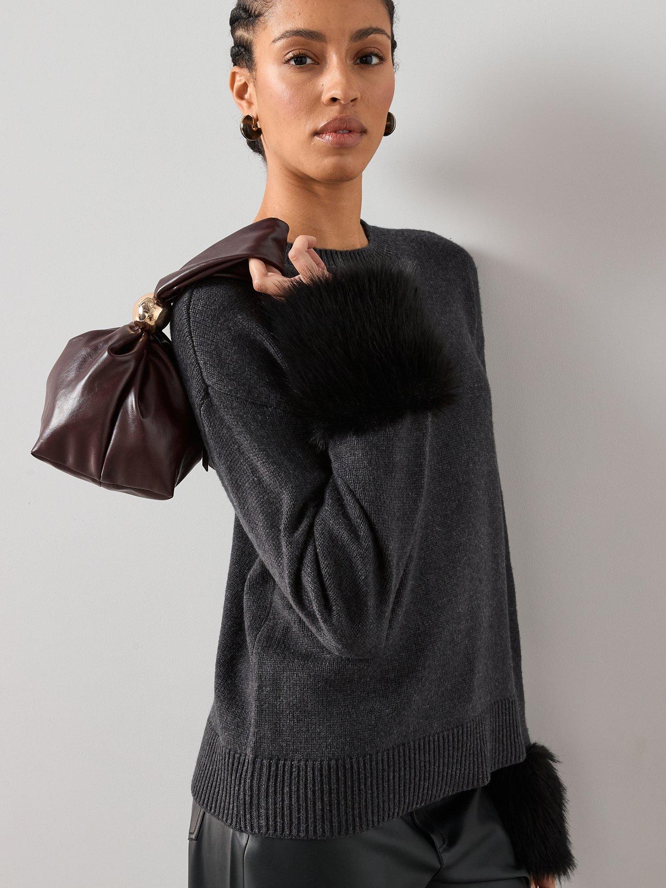 The Very Collection Crew Neck Detachable Fur Cuff Jumper With Wool ...