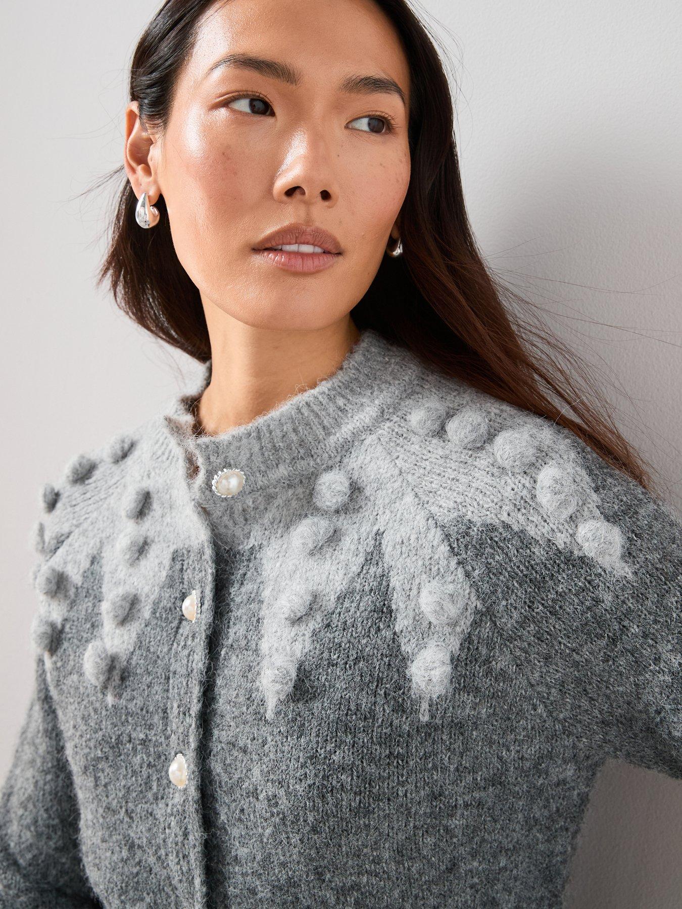The Very Collection Crew Neck Pom Pom Jacquard Cardigan - Grey | Very