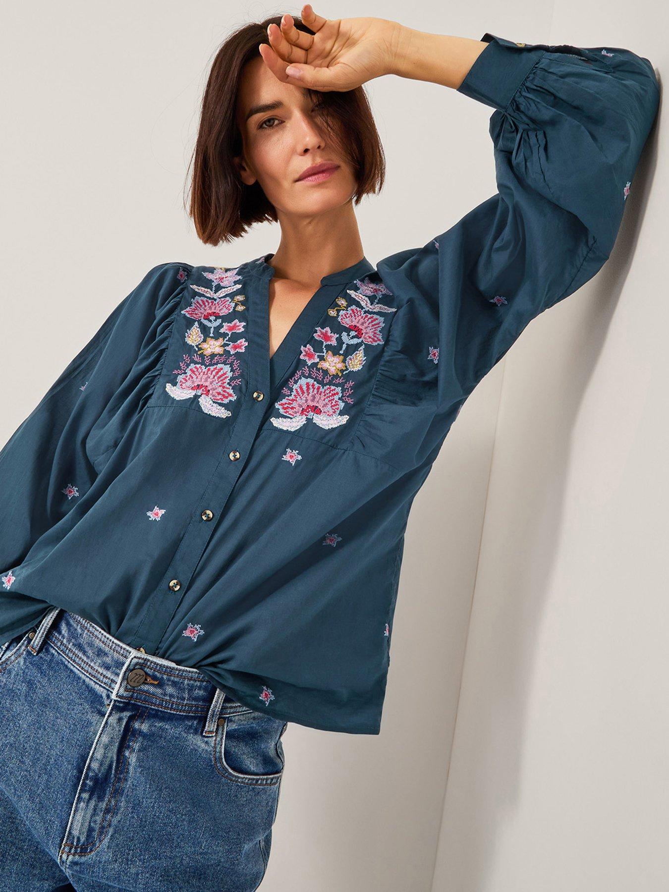 Monsoon Bria Embroidered Top - Blue | Very