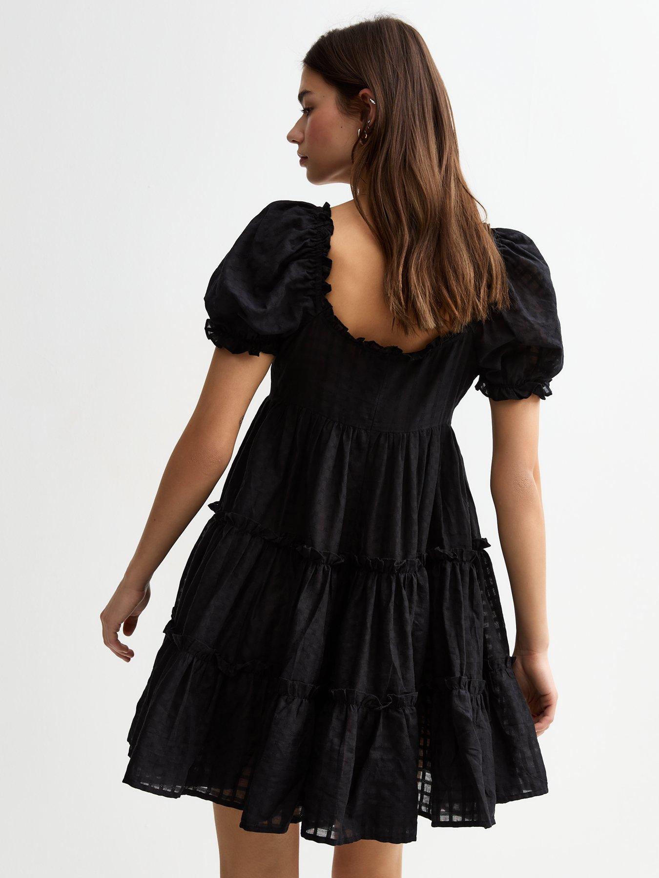 New Look Textured Check Tiered Mini Smock Dress - Black | Very