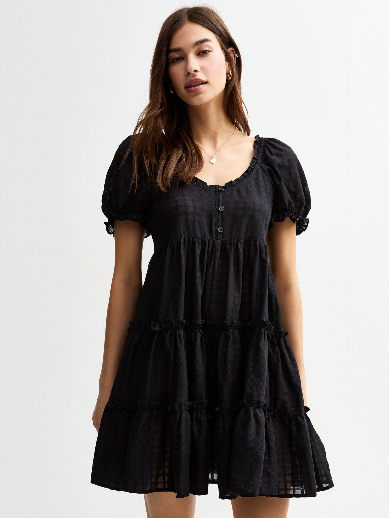 New Look Textured Check Tiered Mini Smock Dress - Black | Very