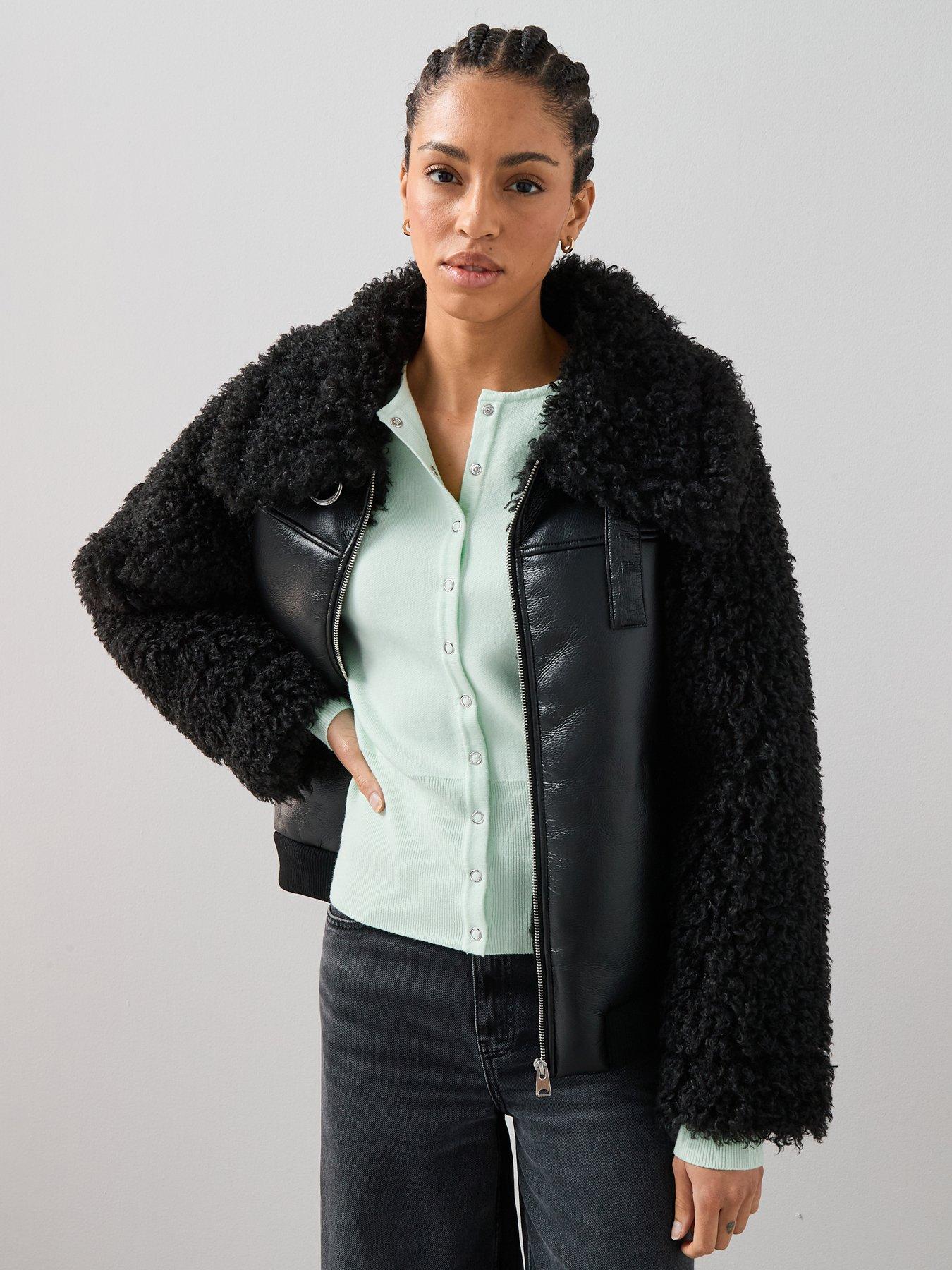 The Very Collection Faux Fur Shearling Trim Jacket - Black | Very