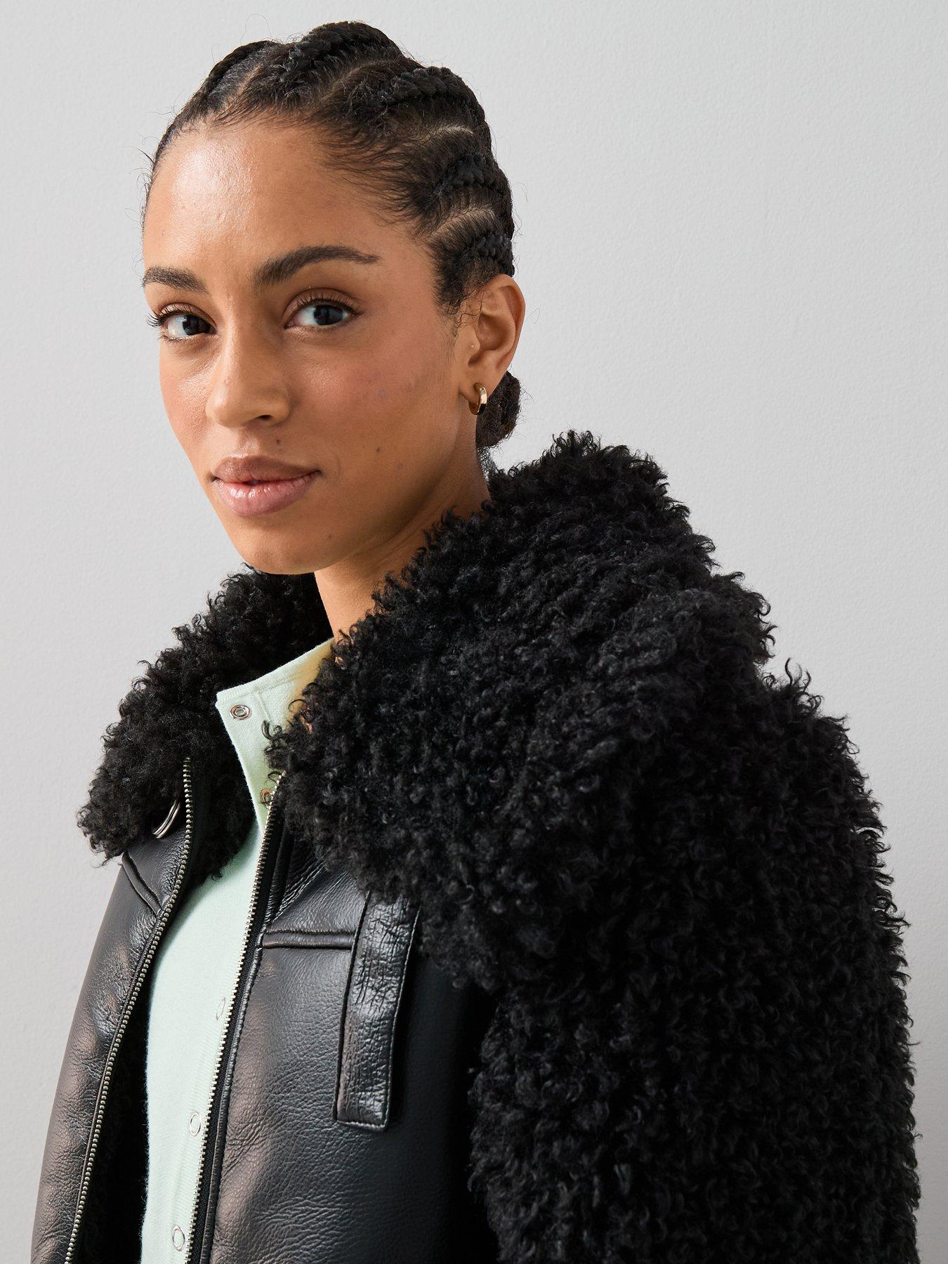 The Very Collection Faux Fur Shearling Trim Jacket - Black | Very