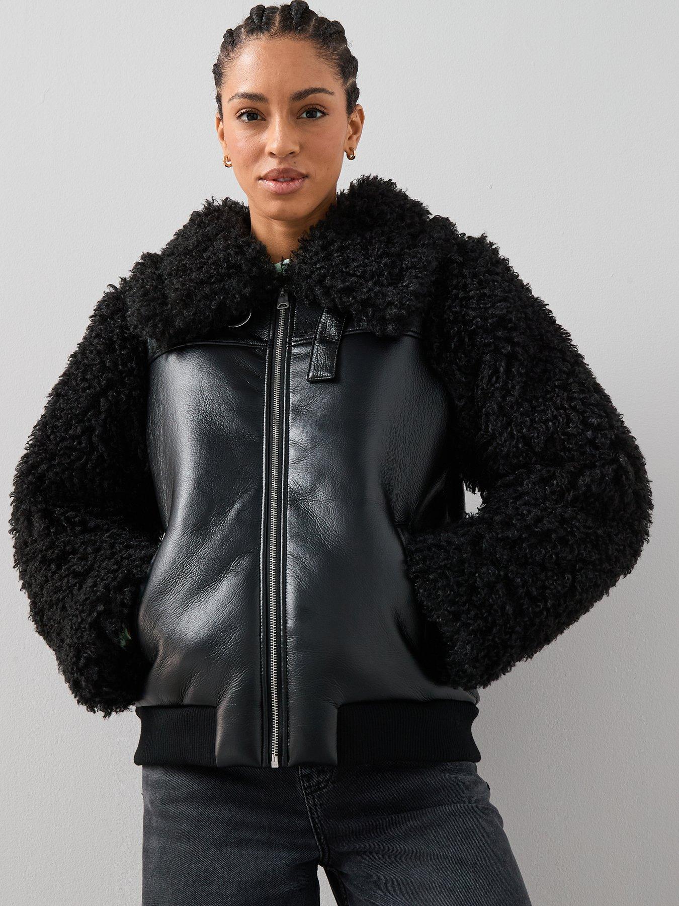 The Very Collection Faux Fur Shearling Trim Jacket - Black | Very