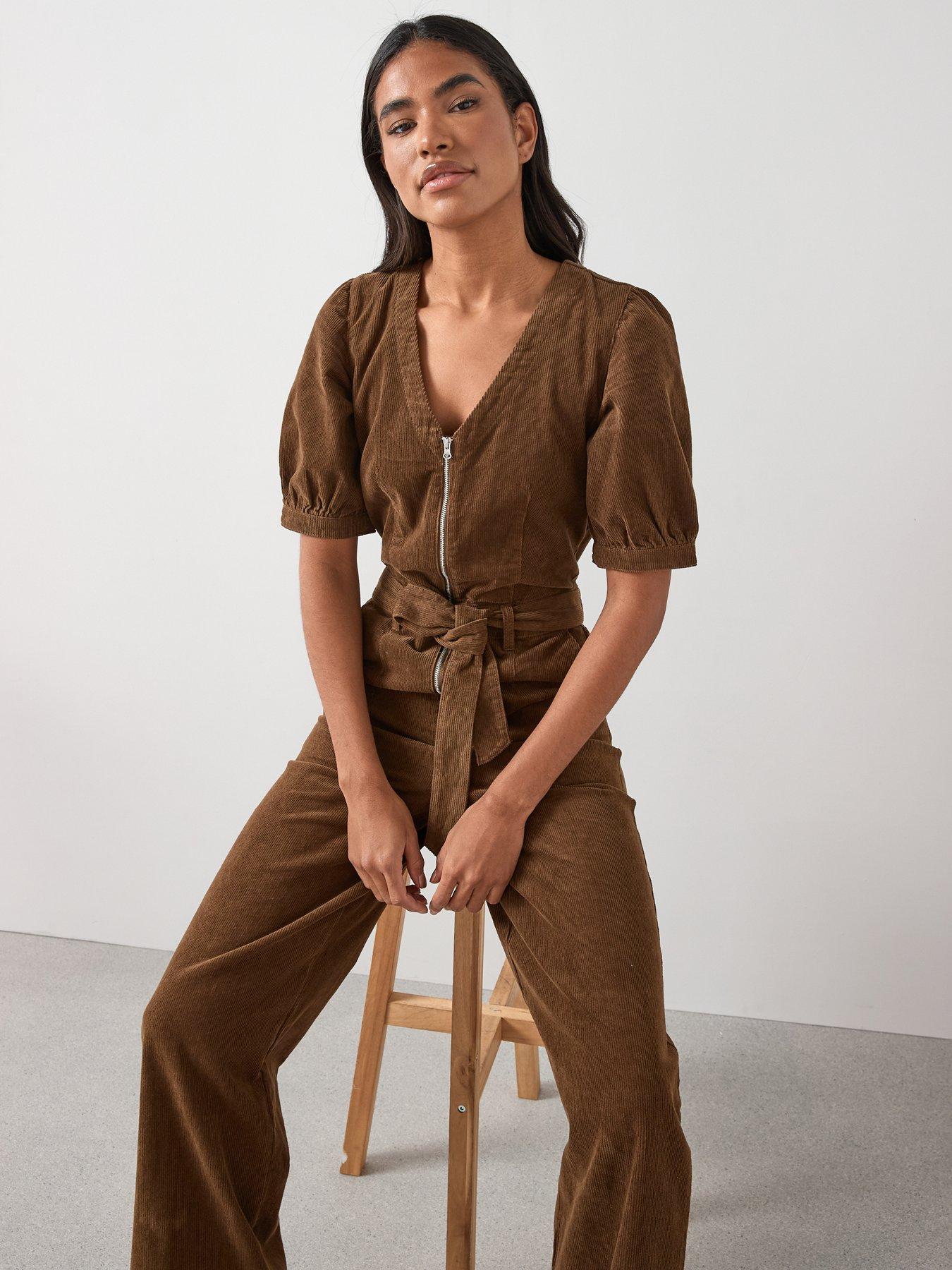 The Very Collection V Neck Cord Zip Through Jumpsuit - Beige | Very