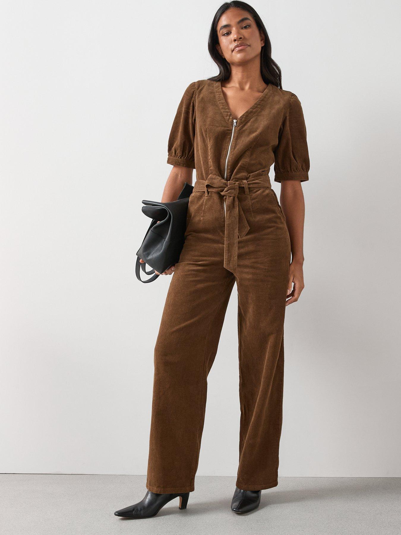 The Very Collection V Neck Cord Zip Through Jumpsuit - Beige | Very