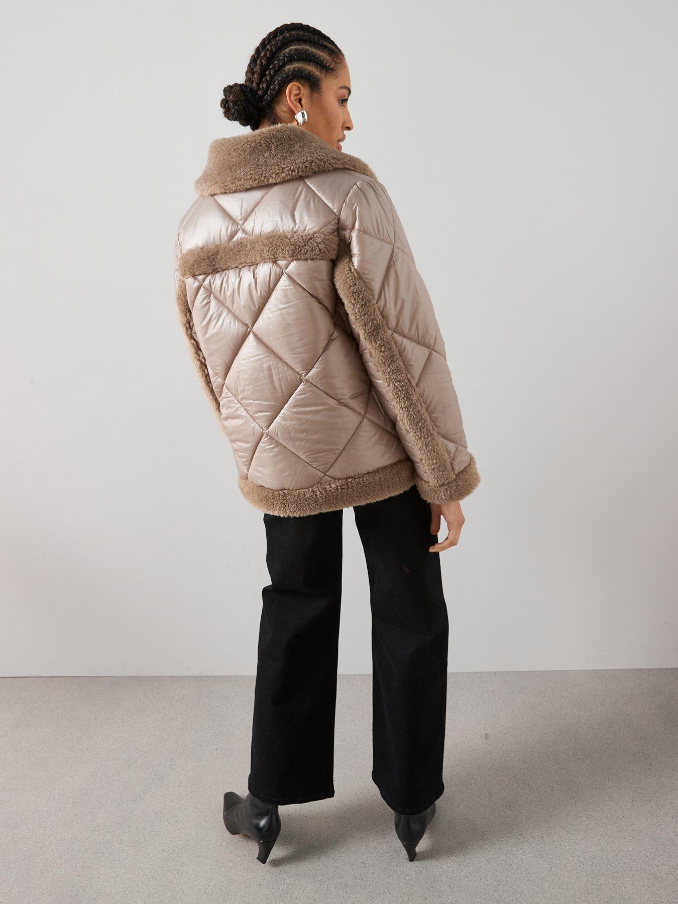 The Very Collection Diamond Quilt Coat With Faux Fur Trims - Mocha | Very