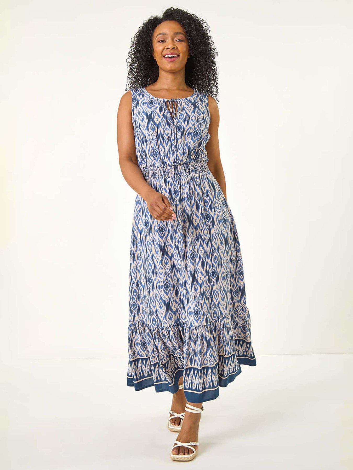 Roman Petite Aztec Print Frill Midi Dress - Blue | Very