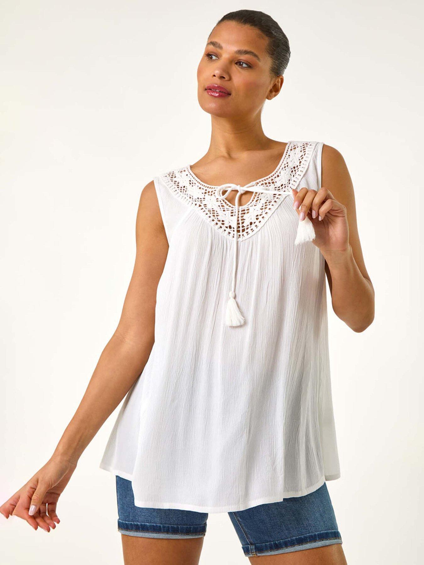 Roman Embroidered Tie Neck Vest Top - White | Very