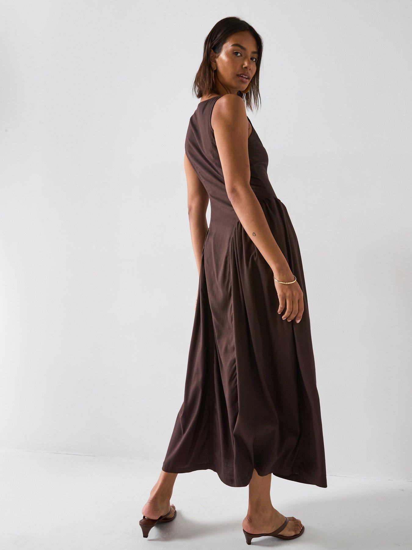 V by Very Dropped Waist Button Down Midaxi Dress - Brown | Very