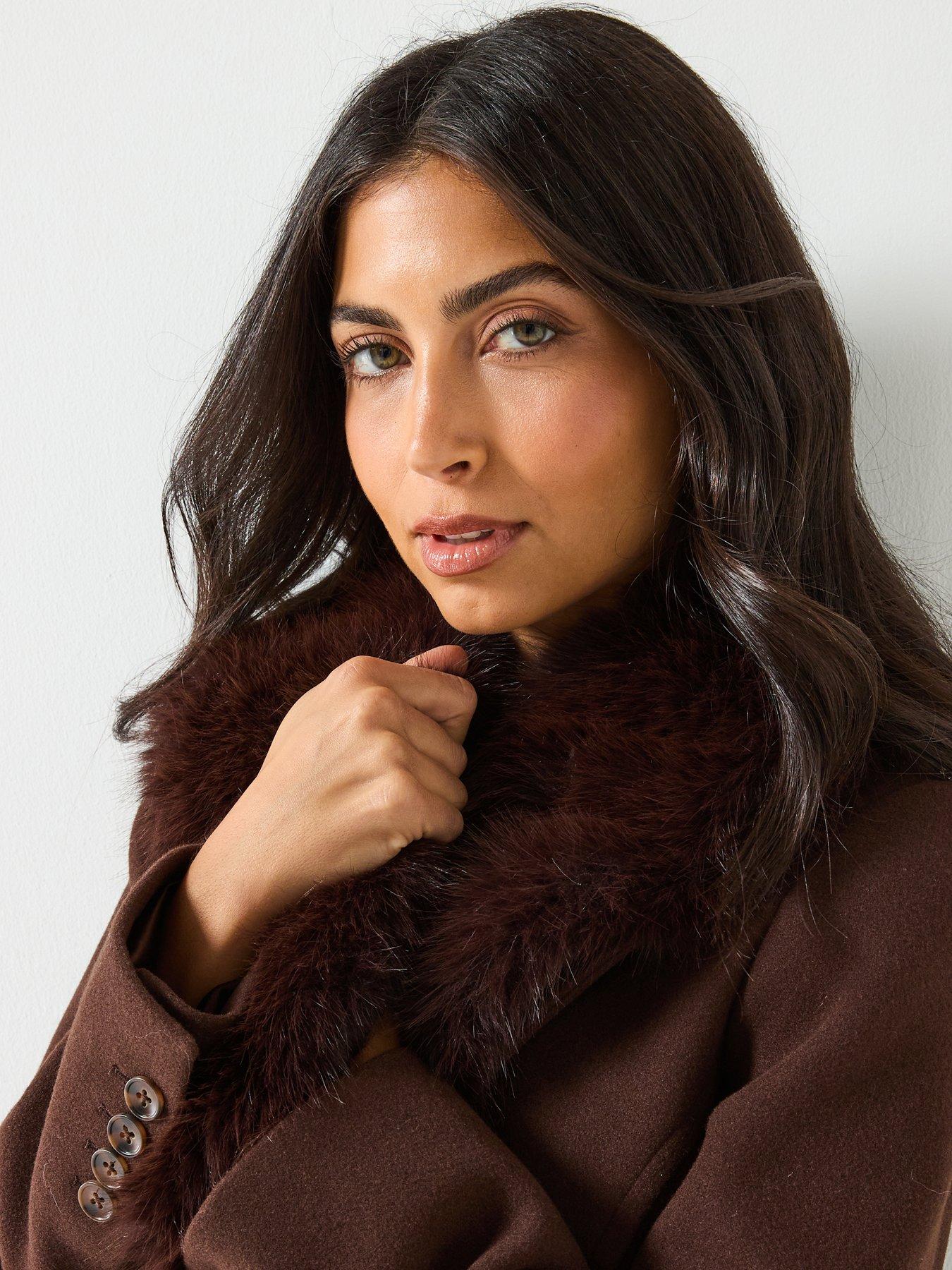 Forever New Monica Faux Fur Collar Wrap Coat - Brown | Very